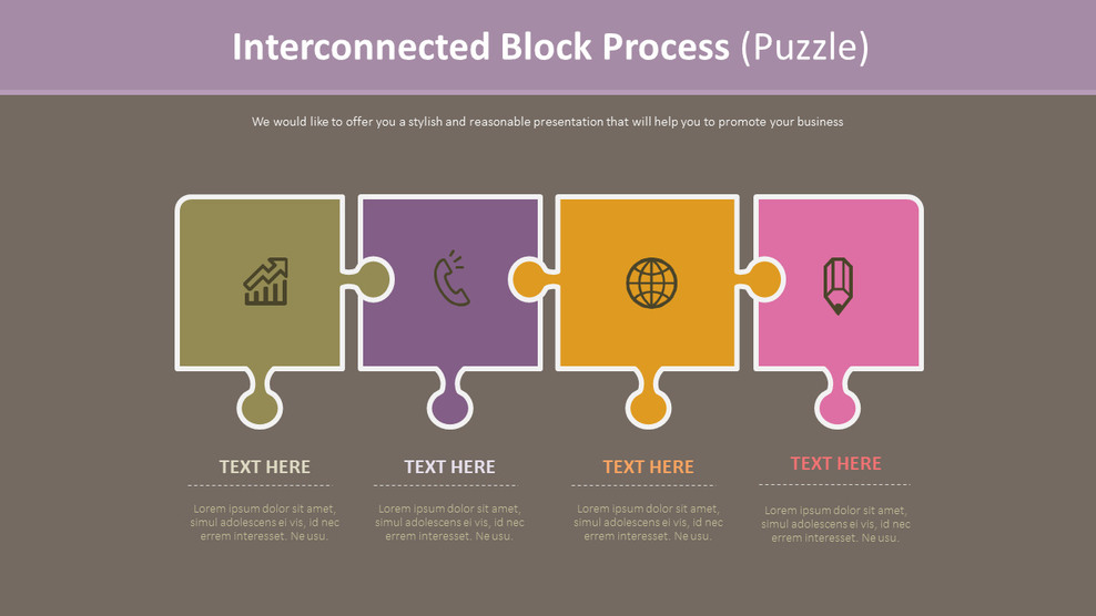 ビジネスワークフローのための相互接続ブロックプロセス図無料パズルスライド