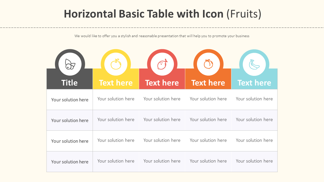 Horizontal Basic Table with Icon Diagram (Fruits)|Tables