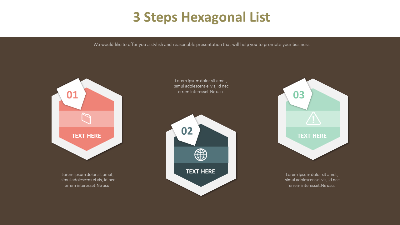 3 Steps Hexagonal List Diagram
