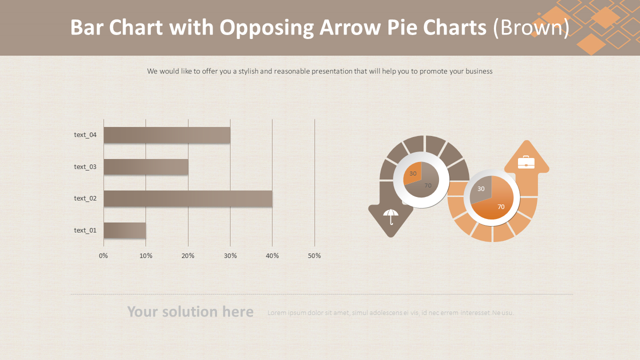 Bar Chart with Opposing Arrow Pie Charts (Brown)