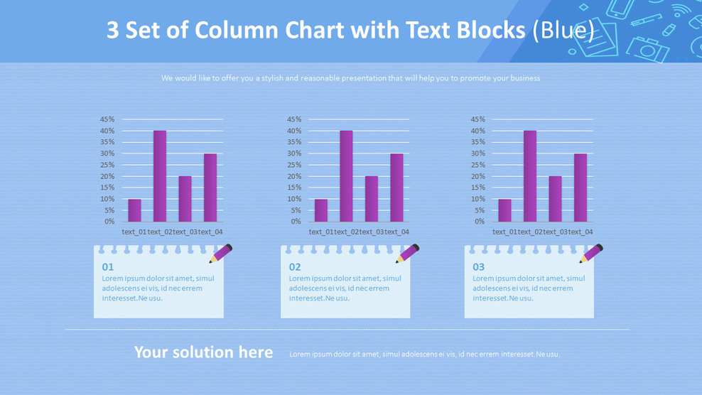 3 Set of Column Chart with Text Blocks (Blue)