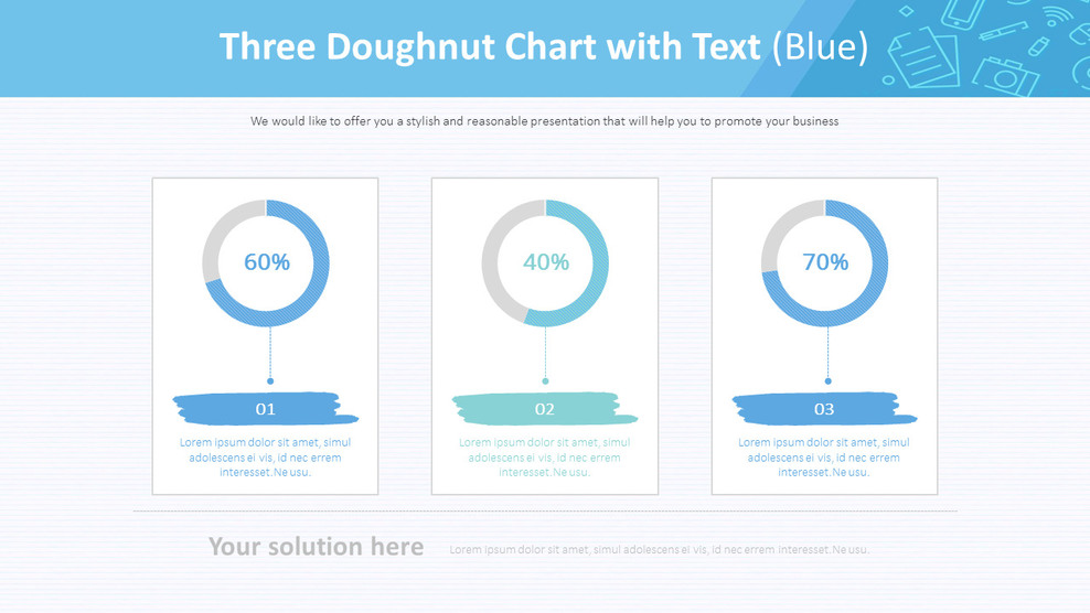 Three Doughnut Chart with Text (Blue)