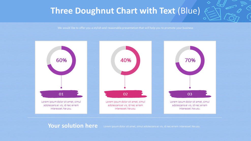 Three Doughnut Chart with Text (Blue)
