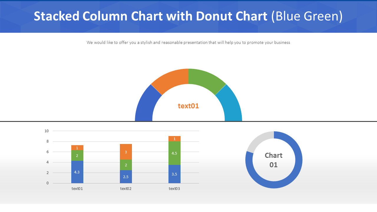 Stacked Column Chart with Donut Chart (Blue Green)