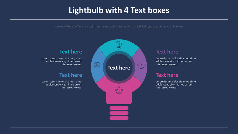 Lightbulb with 4 Text boxes Diagram|Infographics