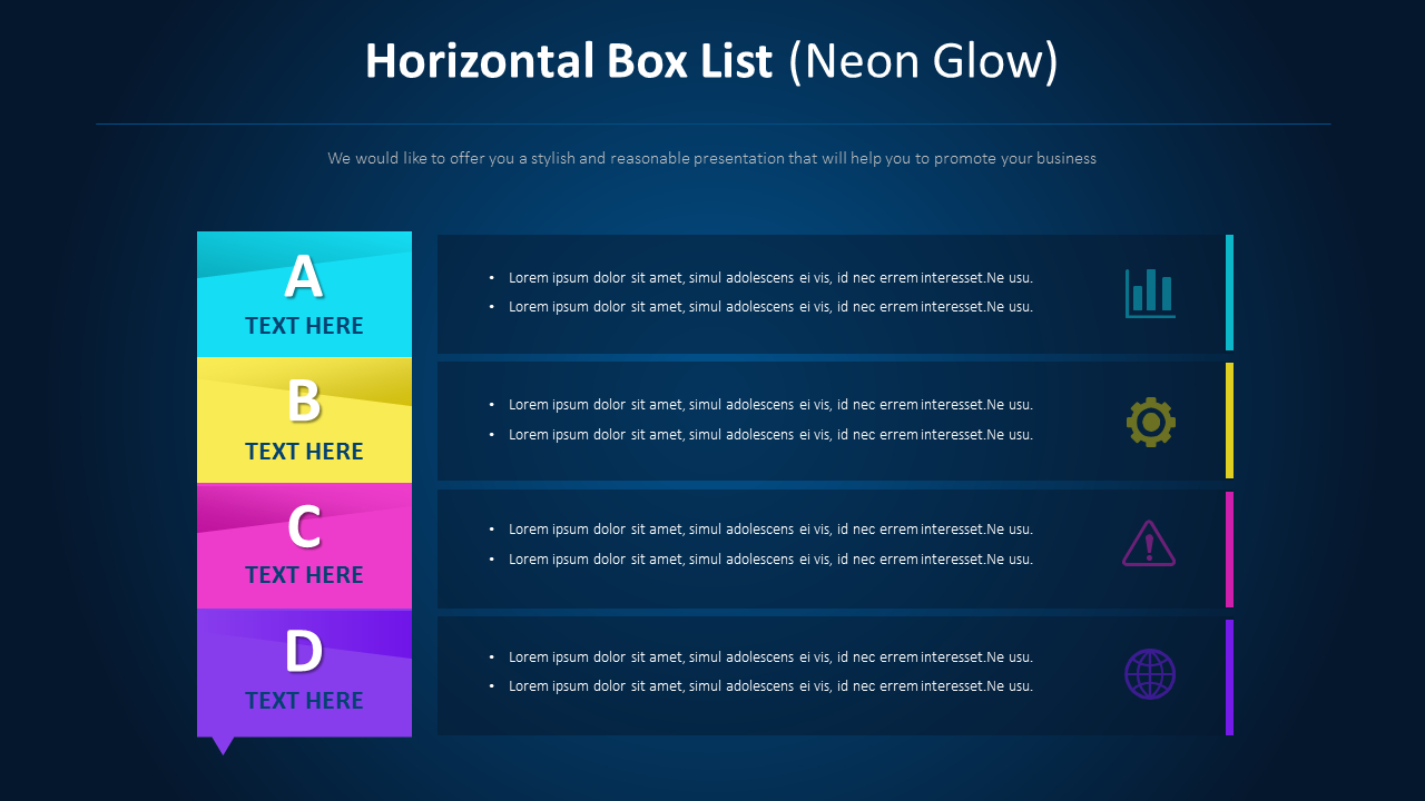 Horizontal Box List Diagram (Neon Glow)|Tables