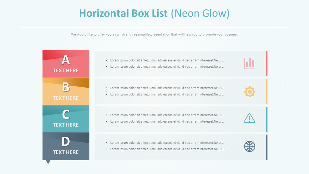 Horizontal Box List Diagram (Neon Glow)|Tables