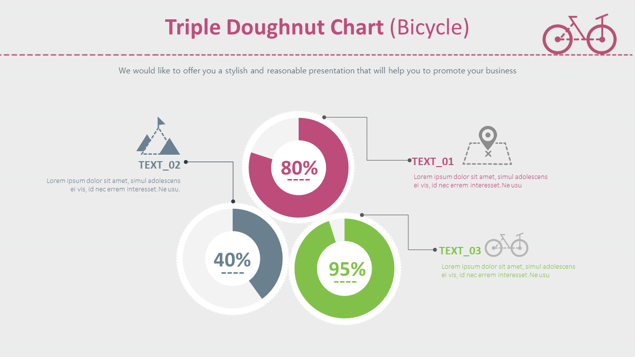 Triple Donut Chart Free PowerPoint Template for Bicycle Data Analysis