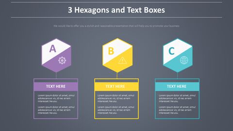 3 Hexagons and Text Boxes Diagram|List