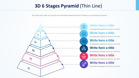 3D 6 Stages Pyramid Diagram (Thin Line)